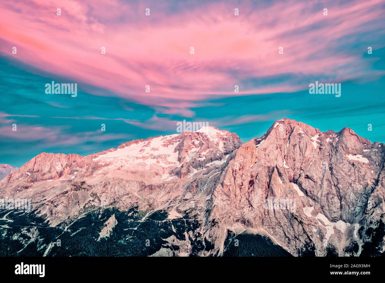 View of the summit of Marmolata, Marmolada at sunset, from a hill above ...