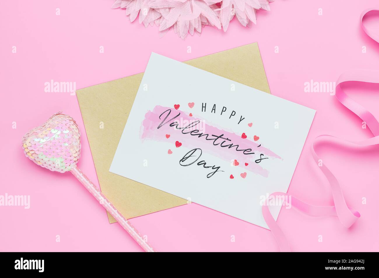 Mockup postcard and envelope on pink background with Happy valentines ...