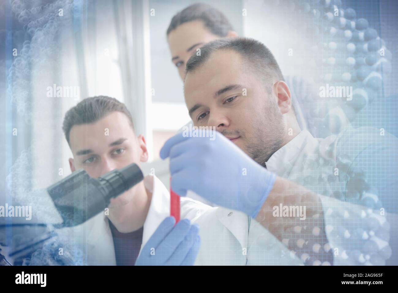 Group of young Laboratory scientists working at lab with test tubes and ...