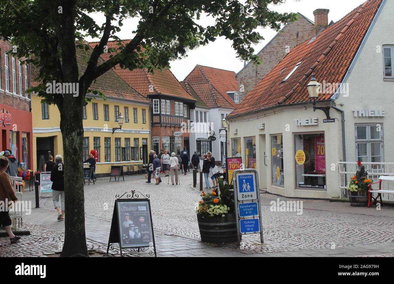 RIBE, DENMARK, 12 JULY 2019: A view of Nederdammen shopping street in ...