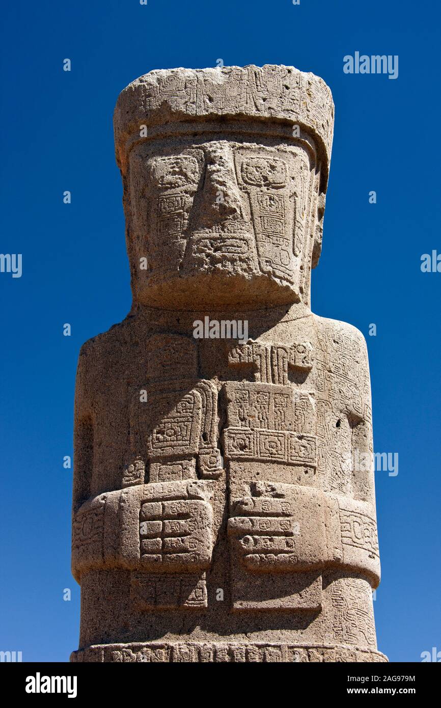 Replica of a 2000 year old statue at Tiwanaku Pre-Inca site near La Paz ...