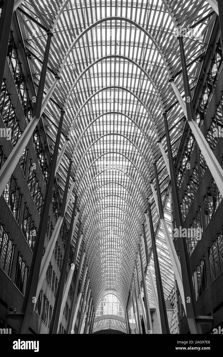 Vertical grayscale low angle shot of the inside of the famous ...