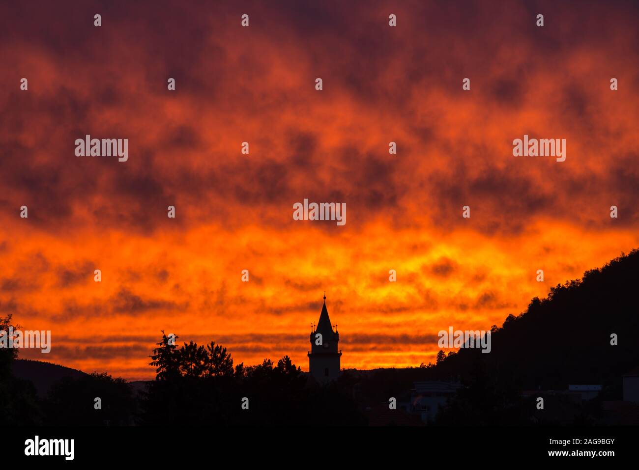 Single temple near a beautiful tree forest under the beautiful fire ...