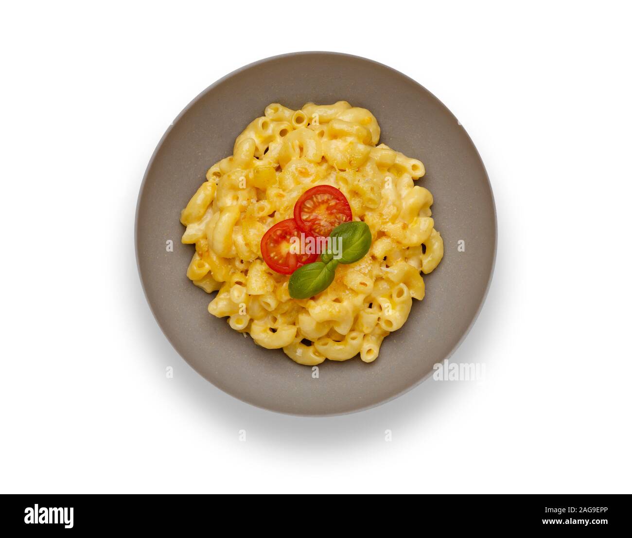 Isolated image of a bowl of delicious Macaroni and cheese, topped with ...