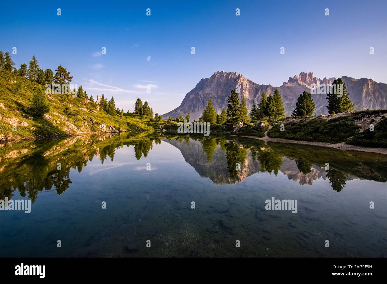 View across the Lake Limedes, Lago di Limides, the summit of Lagazuoi ...