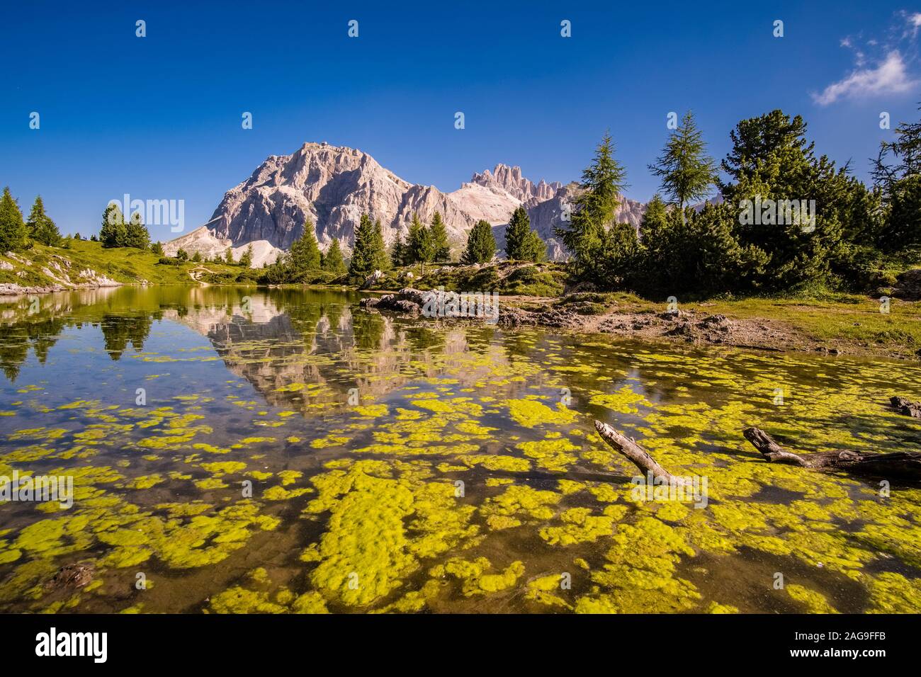 View across the Lake Limedes, Lago di Limides, the summit of Lagazuoi ...