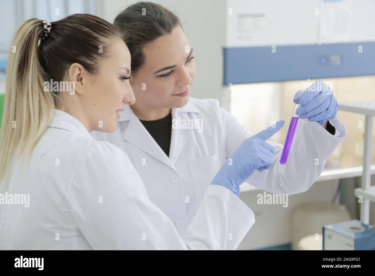 Two young female Laboratory scientists working at lab with test tubes ...