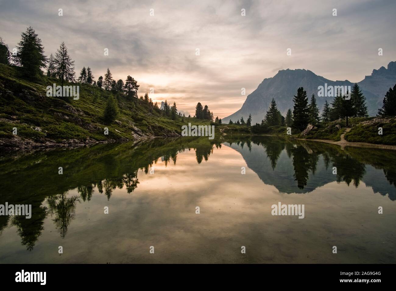 View across the Lake Limedes, Lago di Limides, the summit of Lagazuoi ...