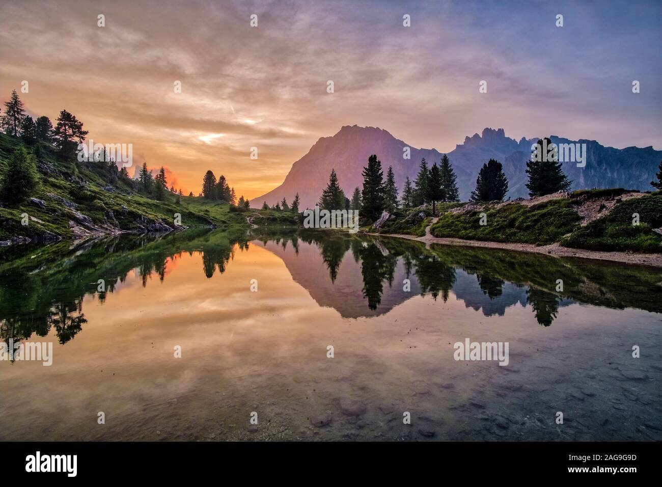 View across the Lake Limedes, Lago di Limides, the summit of Lagazuoi ...
