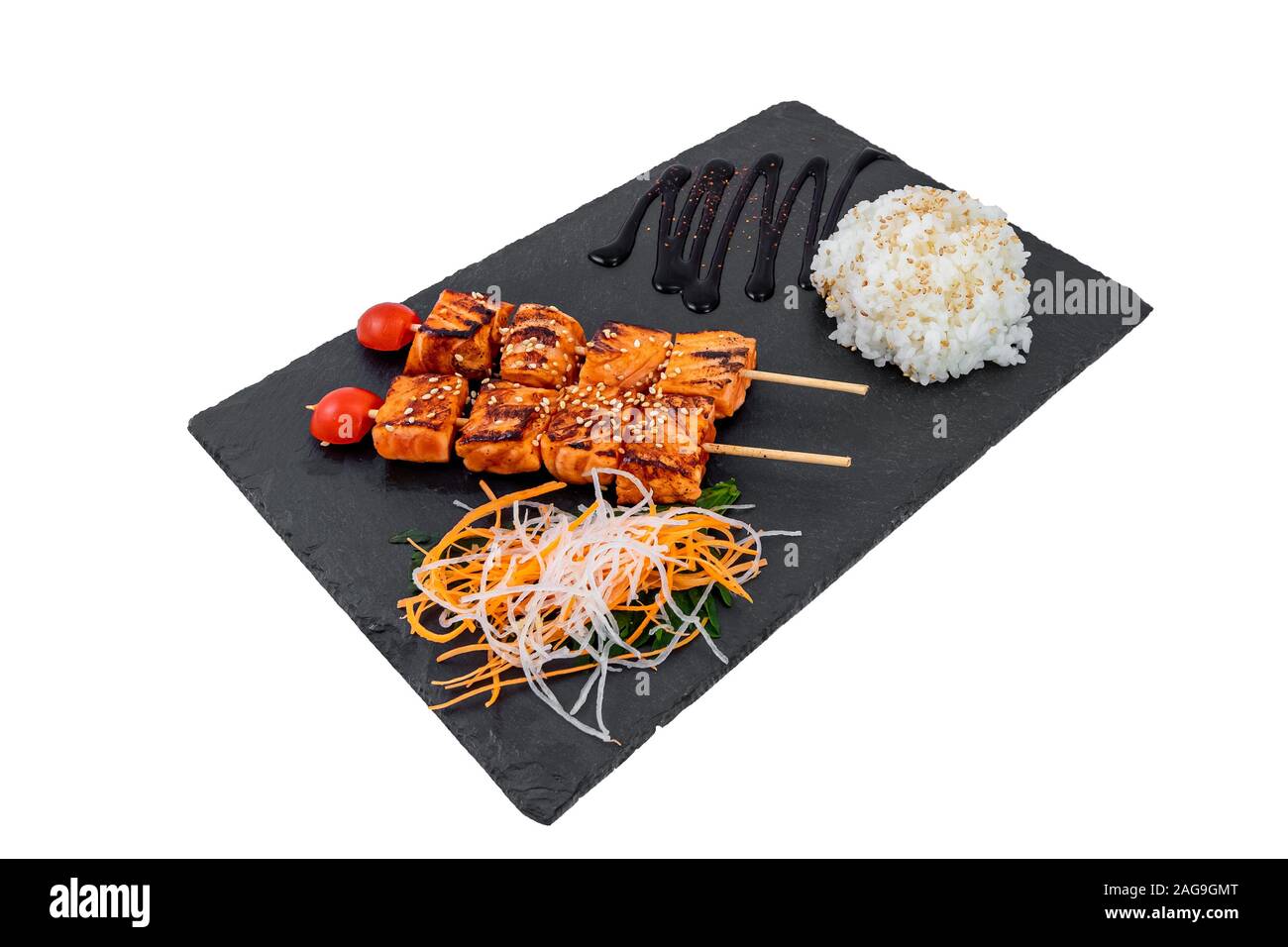 High angle shot of tasty delicious barbecue skewers with a side of ...