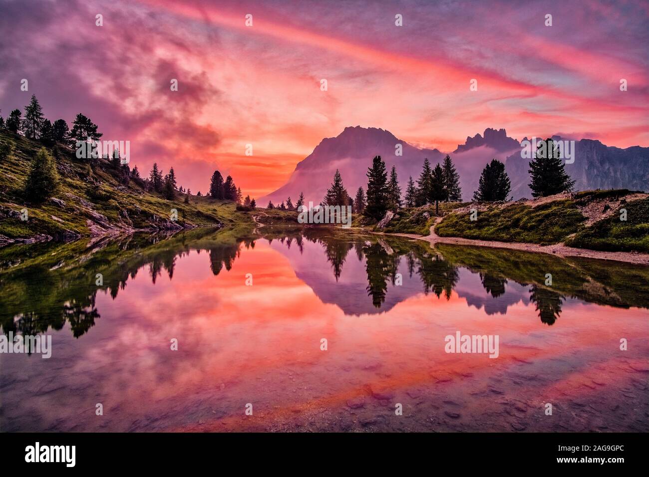 View across the Lake Limedes, Lago di Limides, the summit of Lagazuoi ...
