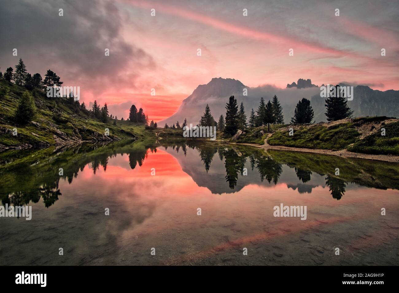 View across the Lake Limedes, Lago di Limides, the summit of Lagazuoi ...