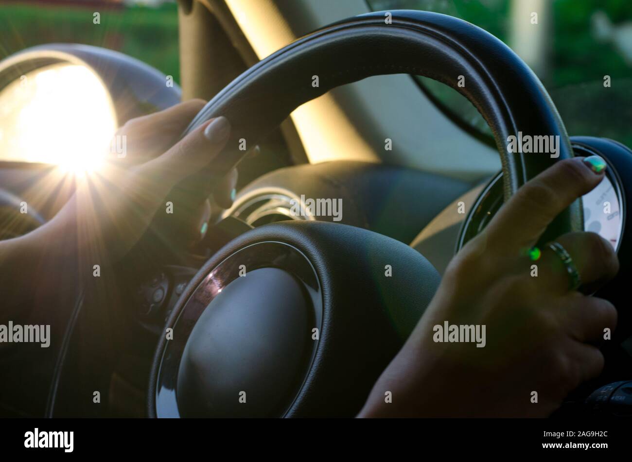 hands of the driver on the steering wheel while driving. Car steering ...