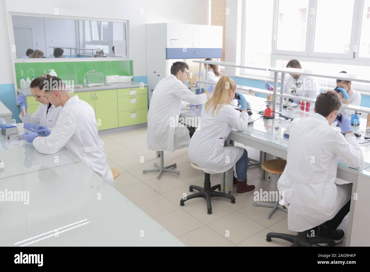 Group of young Laboratory scientists working at lab with test tubes and ...