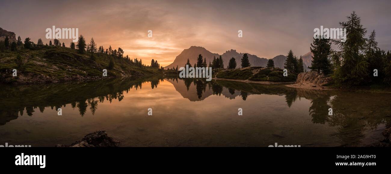 Panoramic view across the Lake Limedes, Lago di Limides, the summit of ...