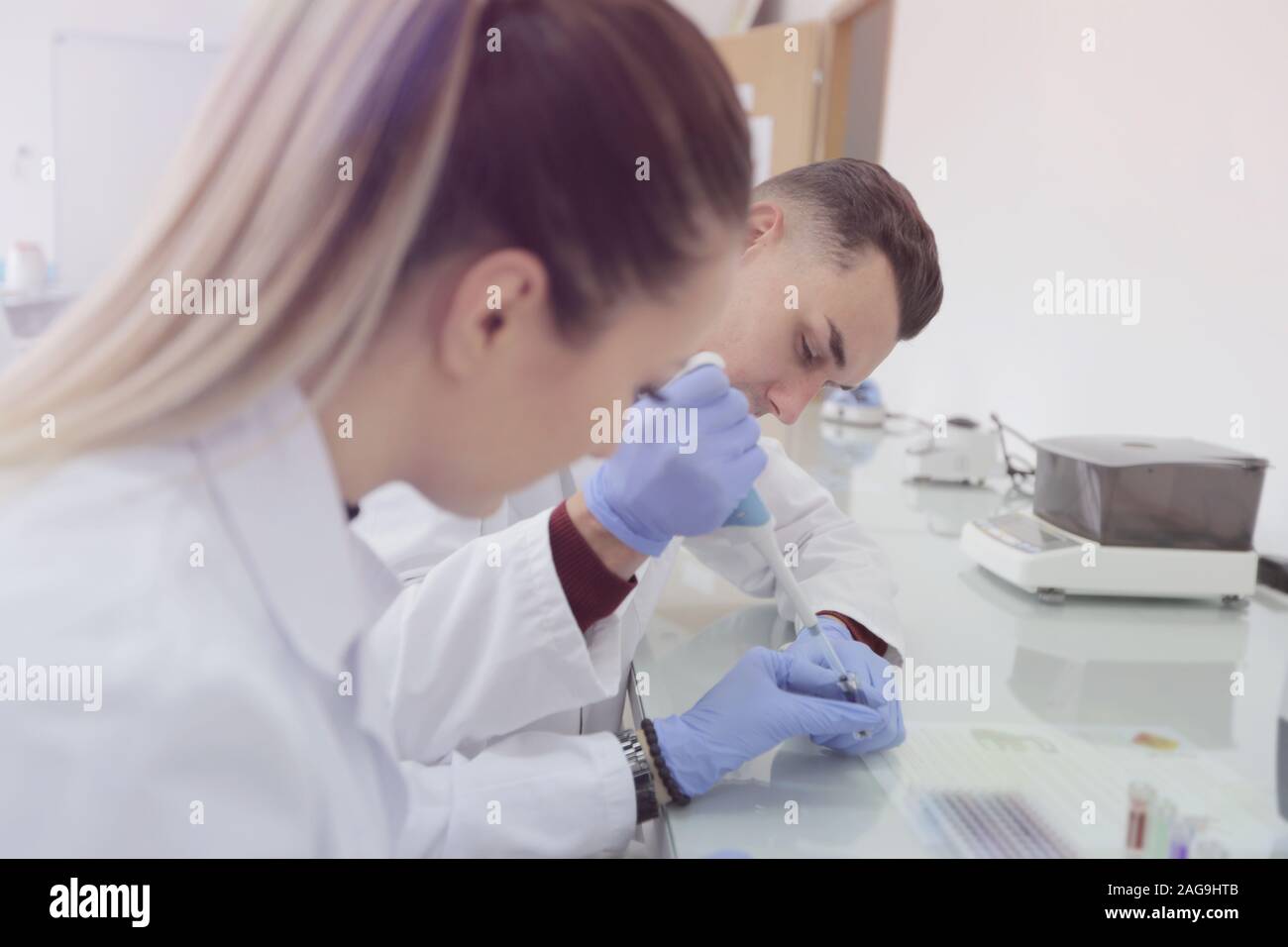 Two young Laboratory scientists working at lab with test tubes and ...