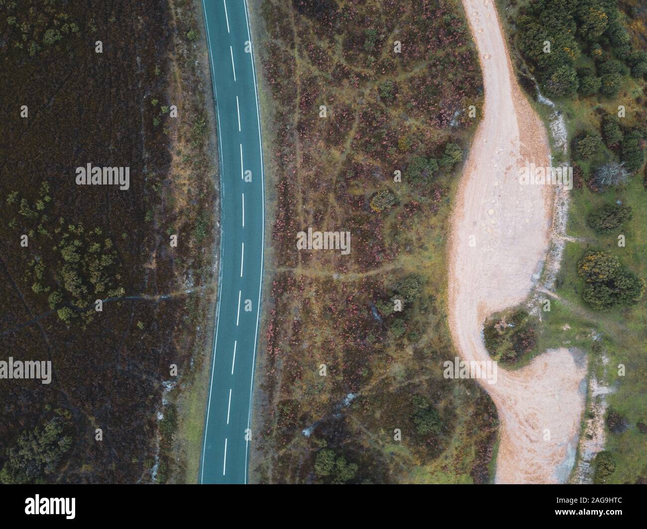 Aerial shot of a road in the middle of a green landscape in the New ...