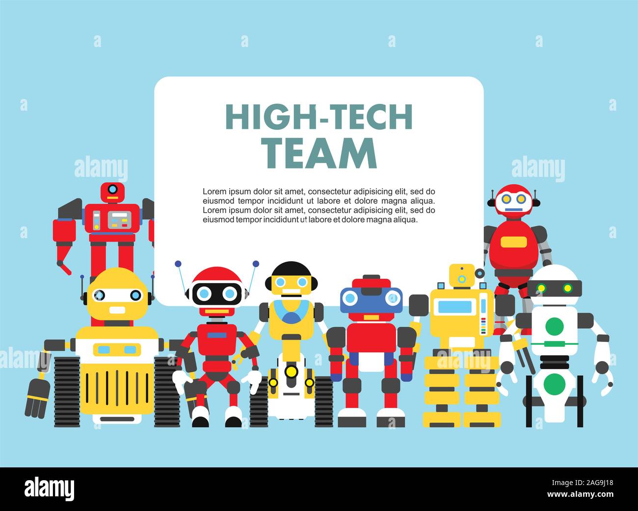 Group of different abstract robots standing together on blue background ...