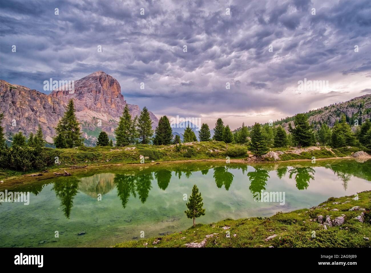 View across the Lake Limedes, Lago di Limides, the summit of the rock ...