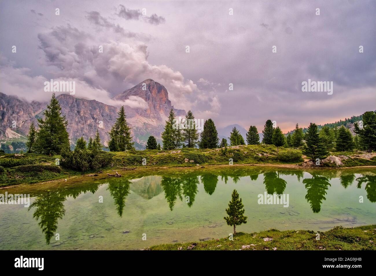 View across the Lake Limedes, Lago di Limides, the summit of the rock ...