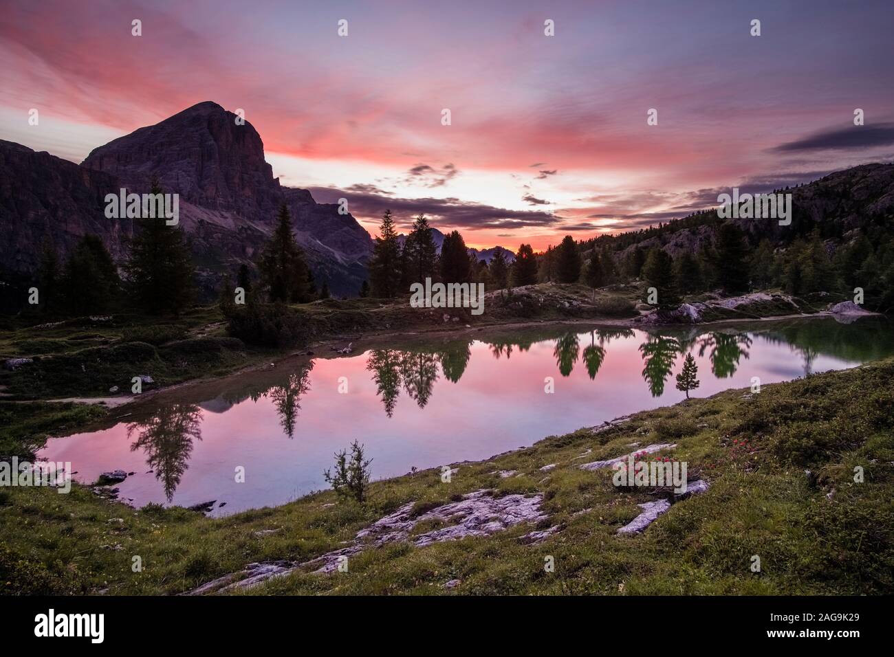View across the Lake Limedes, Lago di Limides, the summit of the rock ...