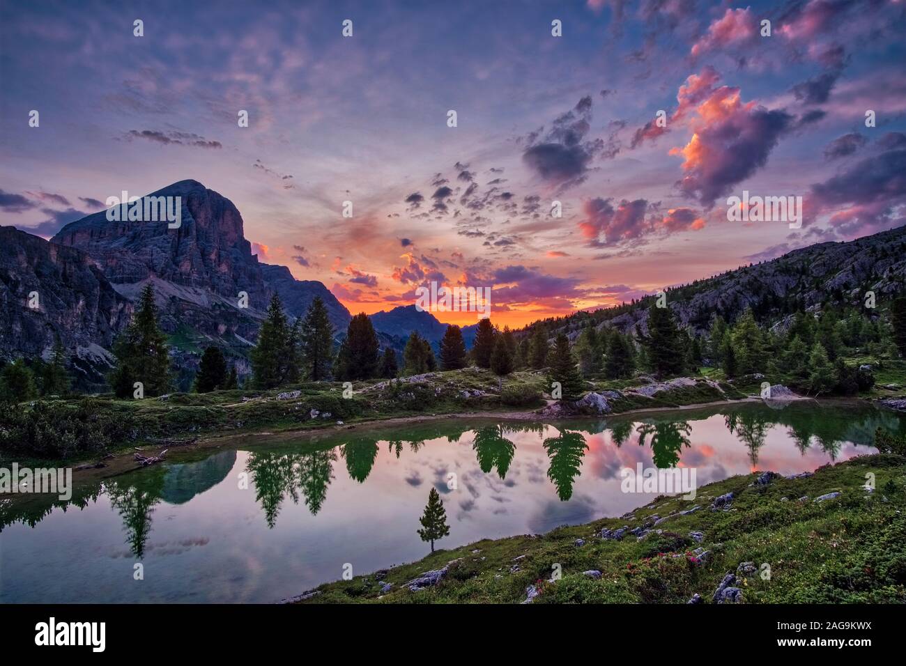 View across the Lake Limedes, Lago di Limides, the summit of the rock ...