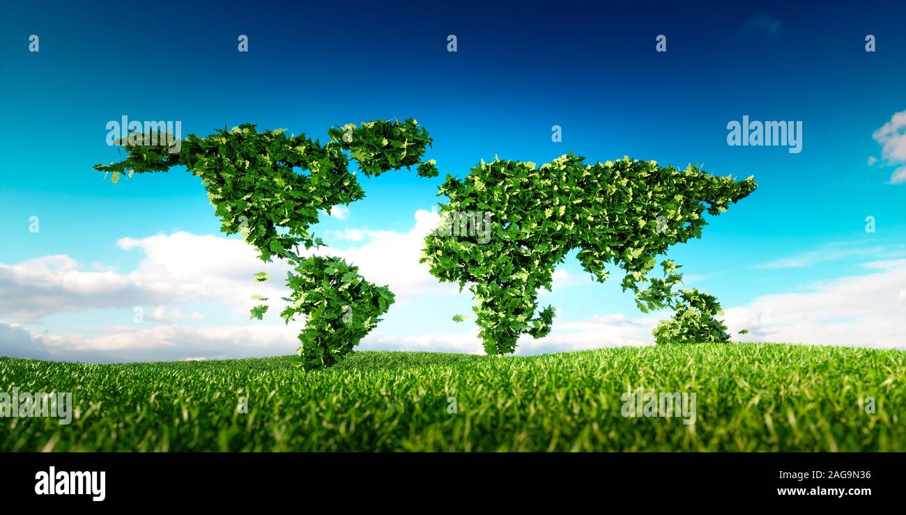 Leaf world map placed on fresh spring grass. Sustainable world ...