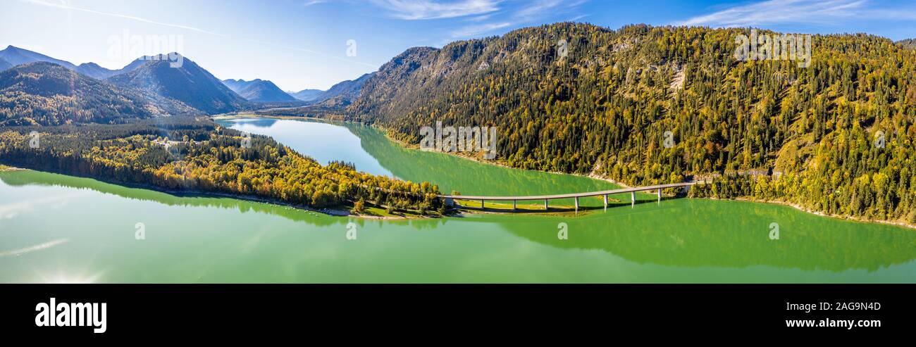Scenic aerial view of the bridge over Lake Sylvenstein with beautiful ...