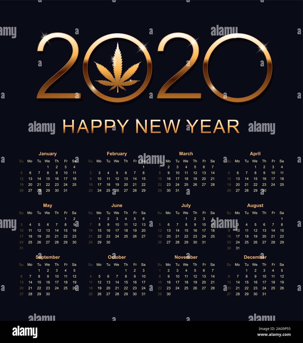 Marijuana calendar for 2020. Week starts from Sunday. Isolated vector ...