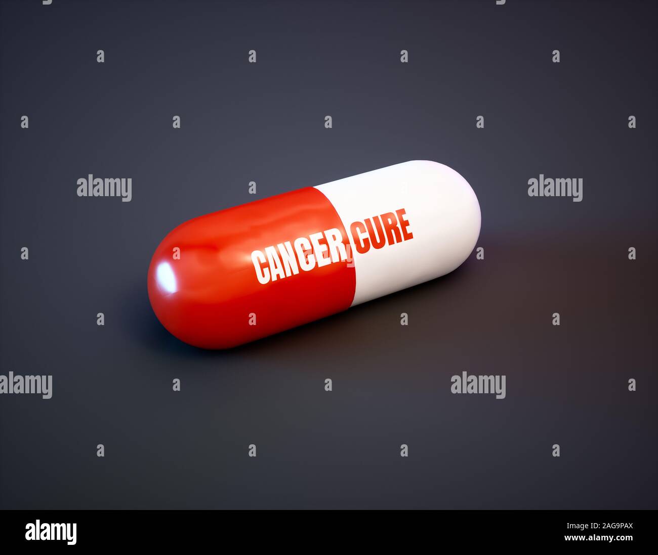 Cancer cure drug concept. Red pill with text on black background. 3d ...