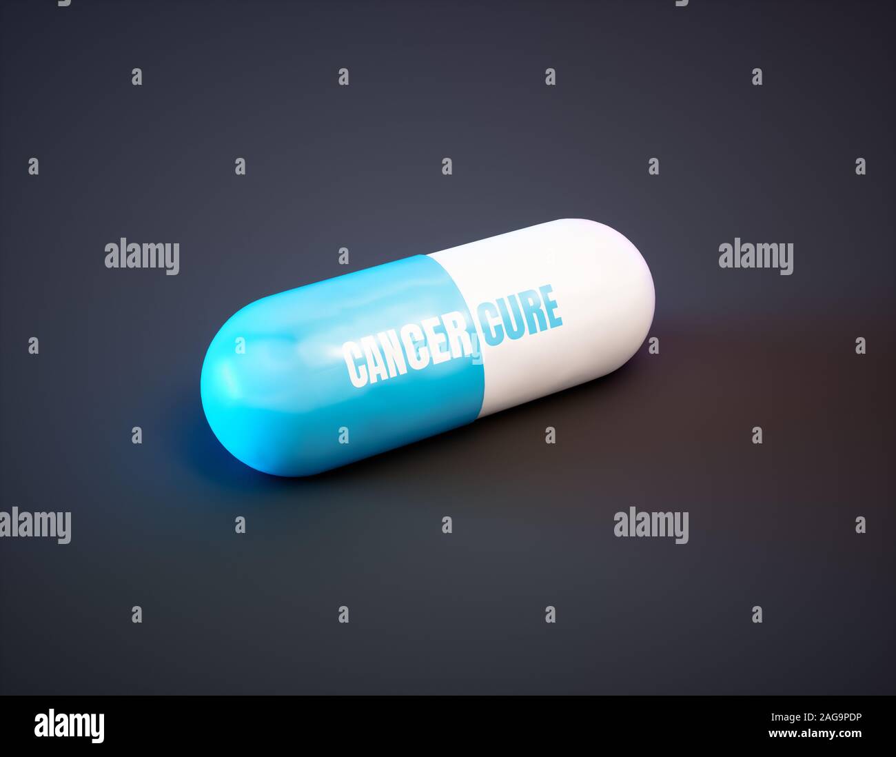 Cancer therapy drug concept. Blue pill with text on black background ...