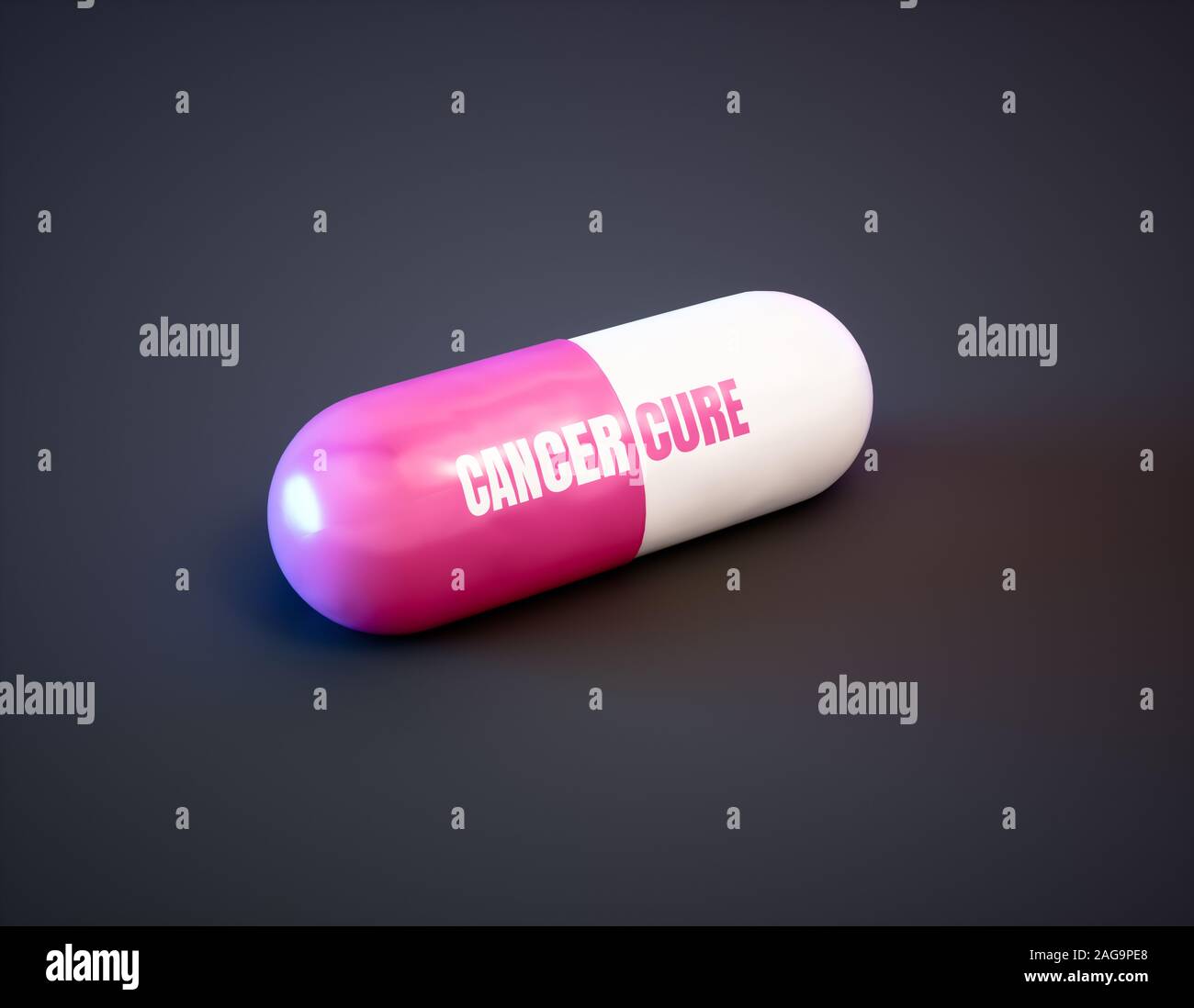 Cancer cure drug concept. Pink pill with text on black background. 3d ...