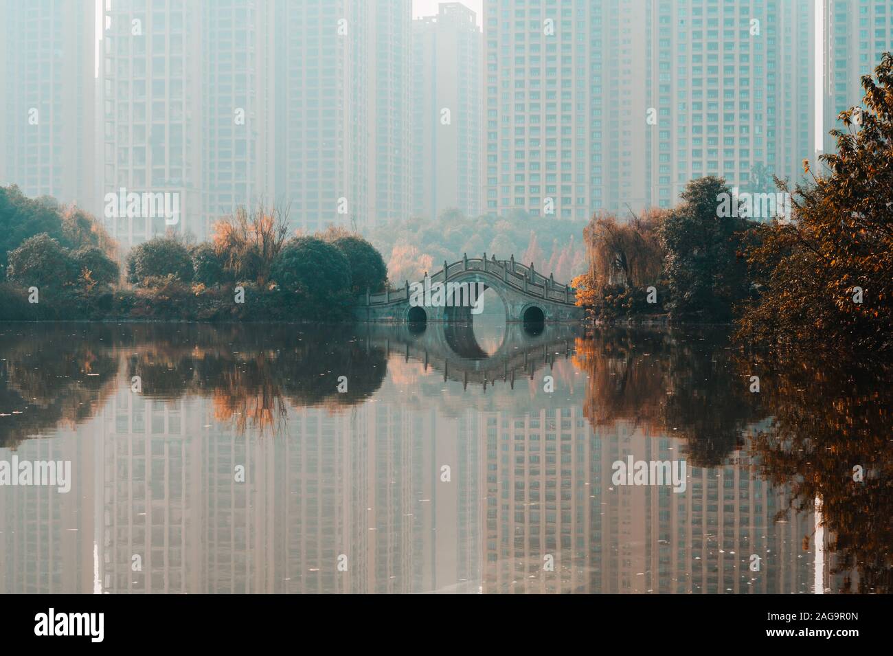 The traditional Chinese architecture semicircle bridge over Fuhe and ...
