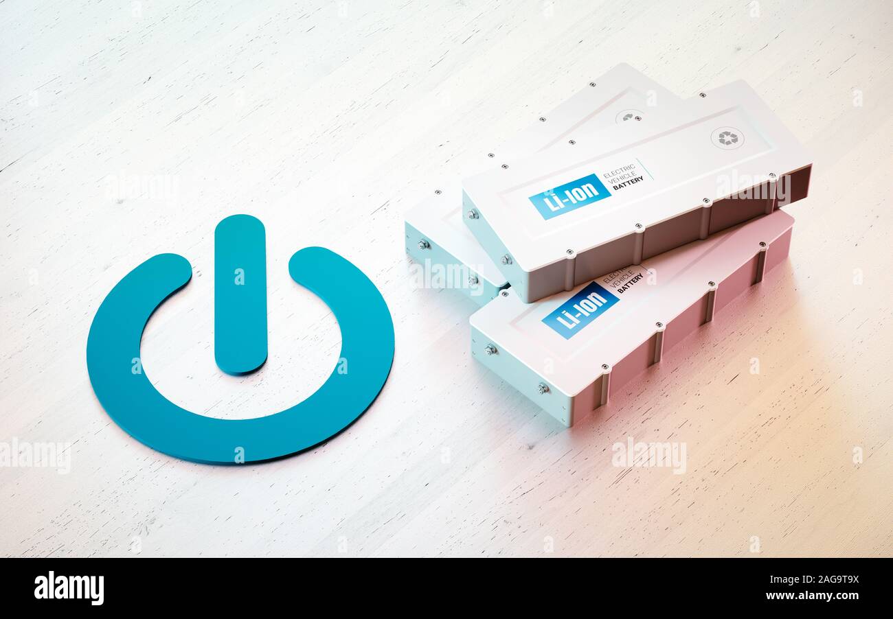 Li-Ion electric vehicle battery start concept. Start button symbol with ...