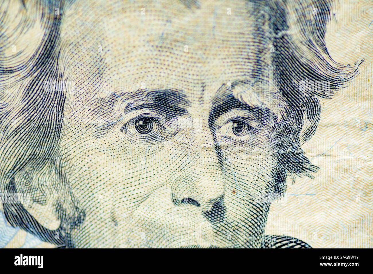 Closeup shot of the Andrew Jackson on the twenty-dollar bill Stock ...