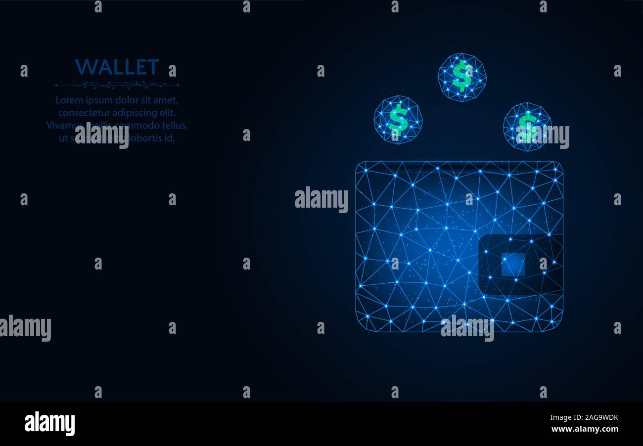 Wallet with coins low poly design, save money wireframe mesh polygonal ...