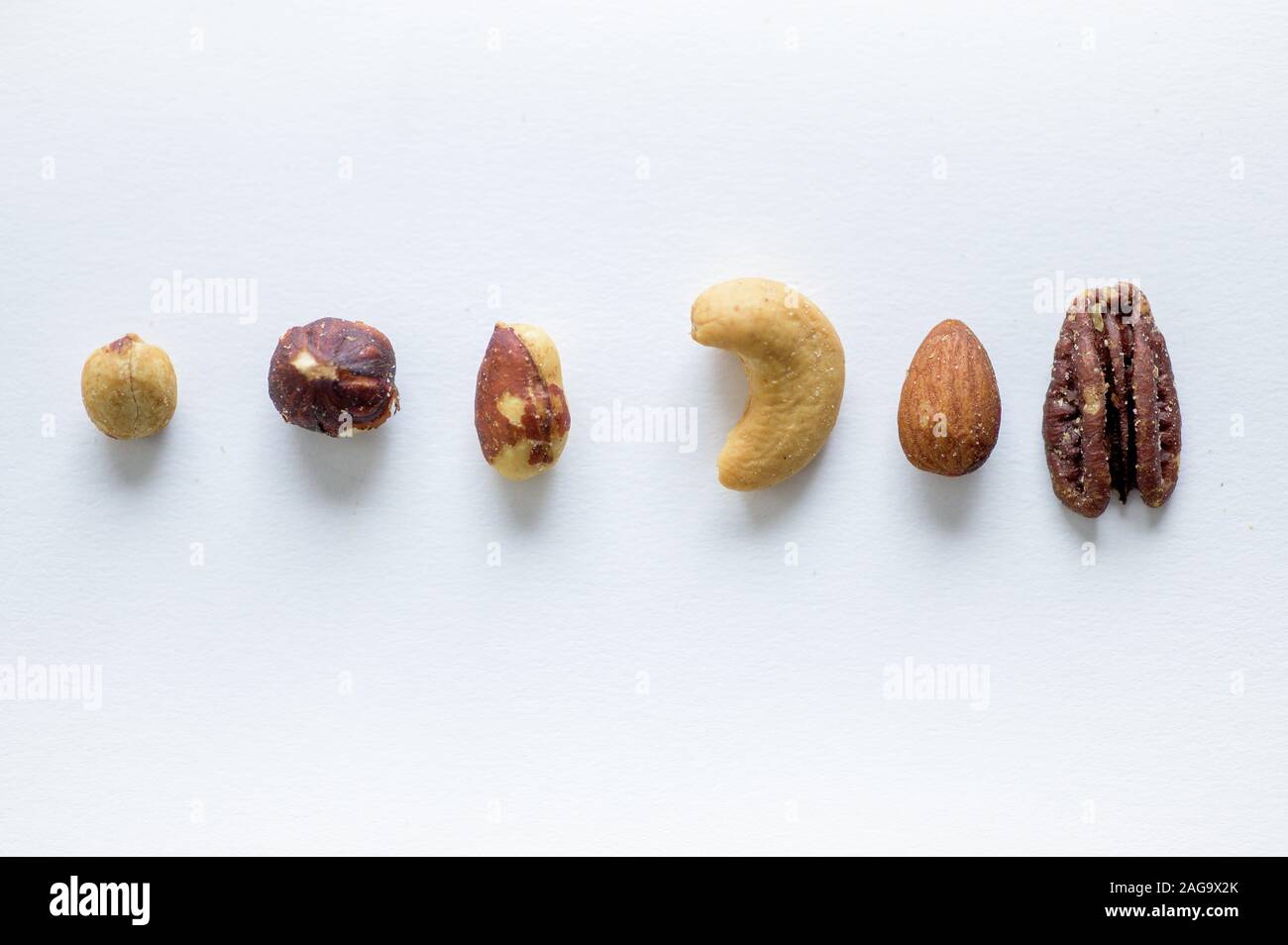 Overhead shot of different nuts in a line on a white surface Stock ...