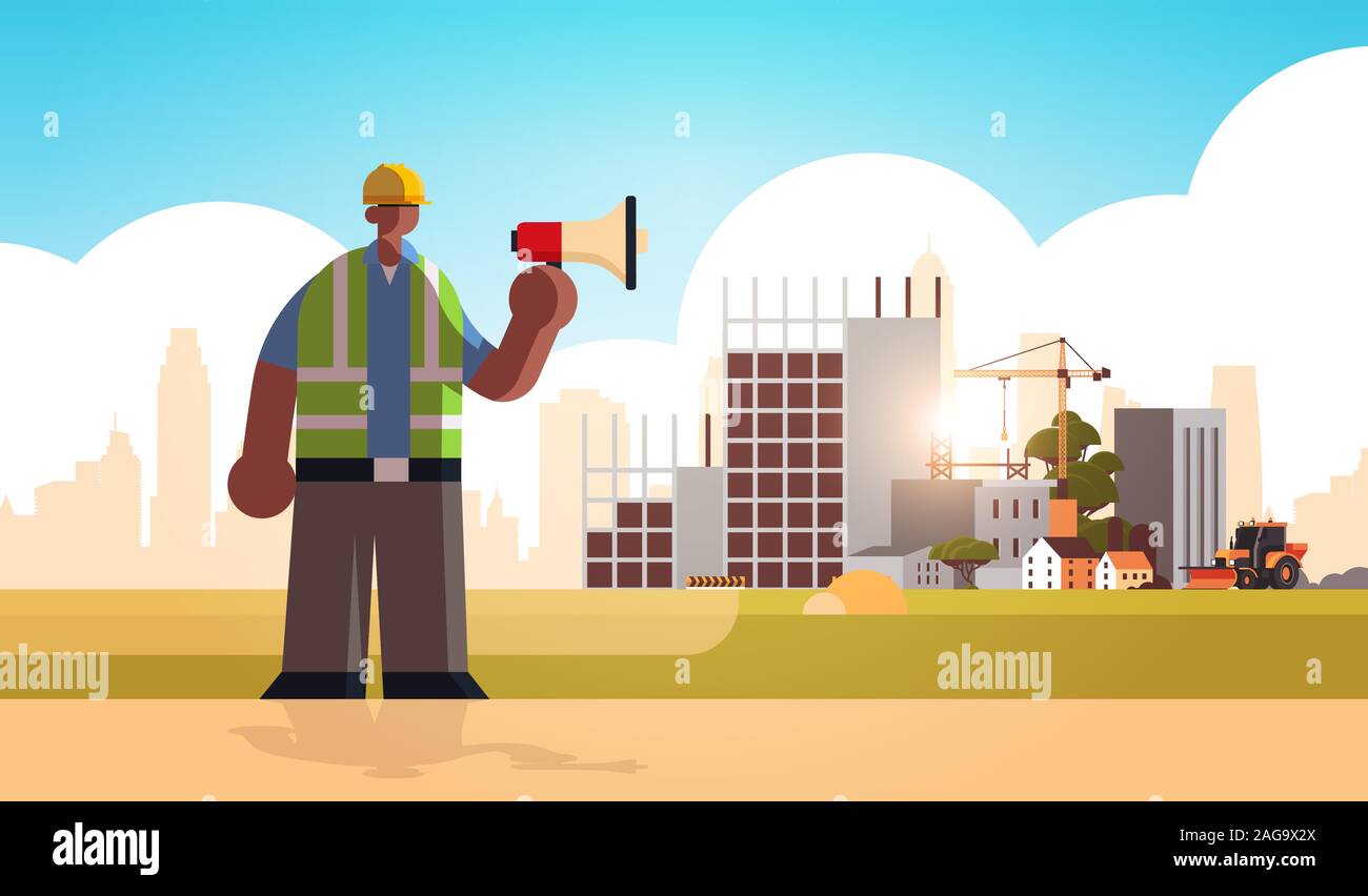 male builder holding megaphone busy workman using loudspeaker making ...