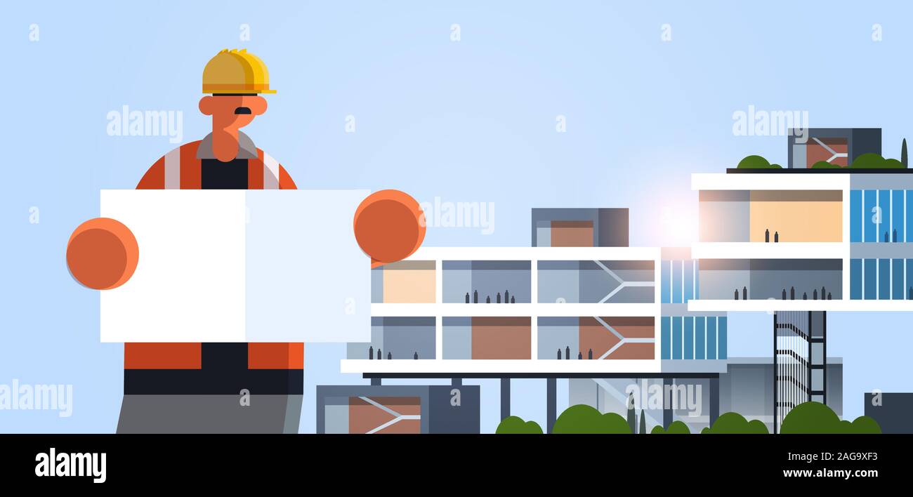 male builder architect holding blueprint workman engineer with empty ...
