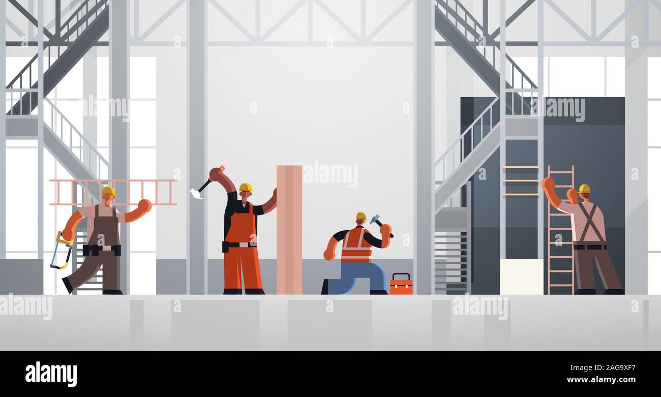 builders using hammer and ladder busy workmen carpenters team in ...