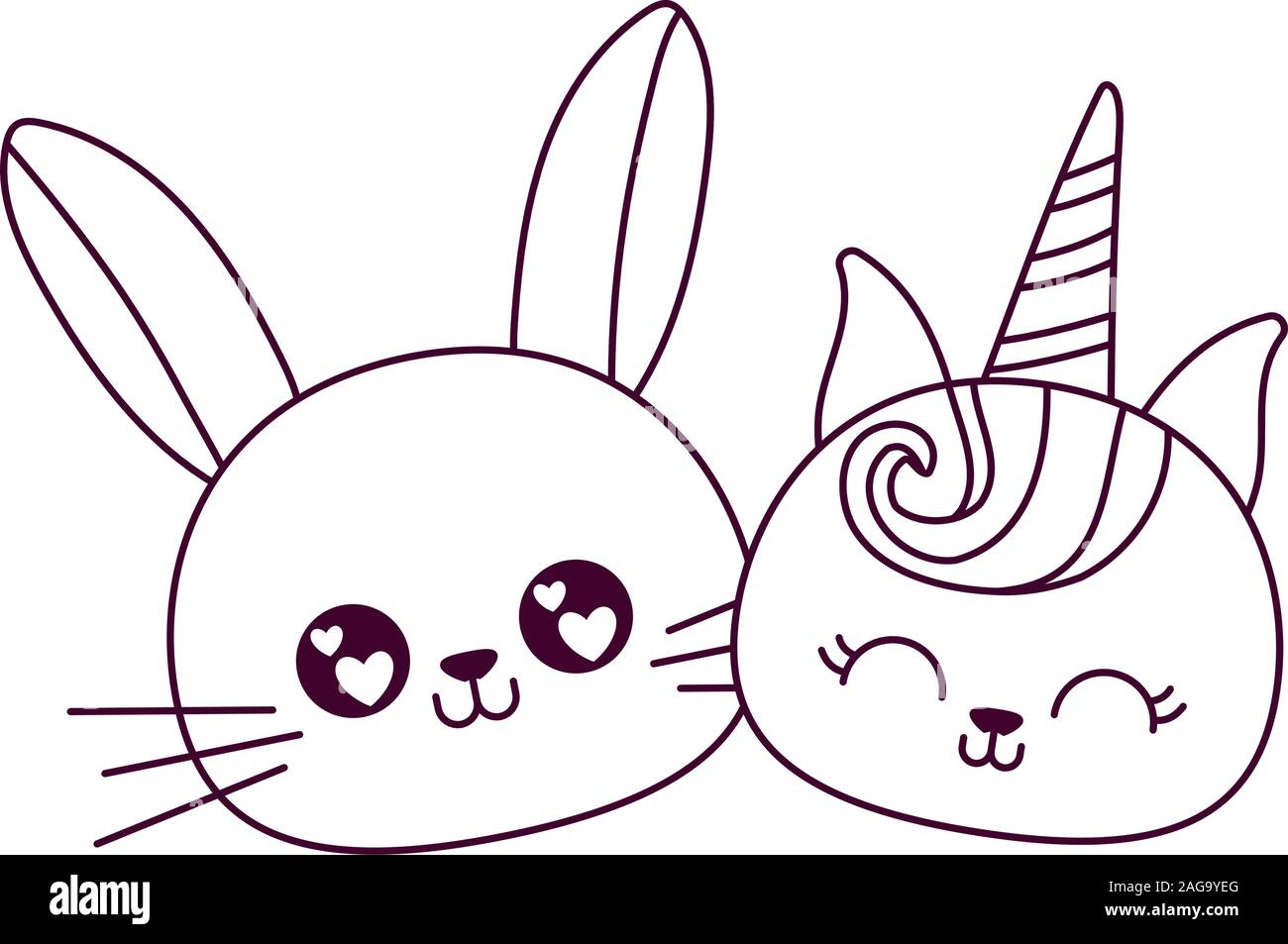 rabbit and cat unicorn cartoon design, Kawaii expression cute character ...