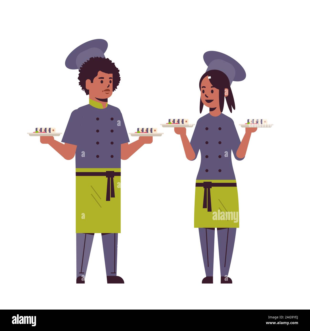 asian chefs couple holding trays with fresh sushi rolls man woman ...
