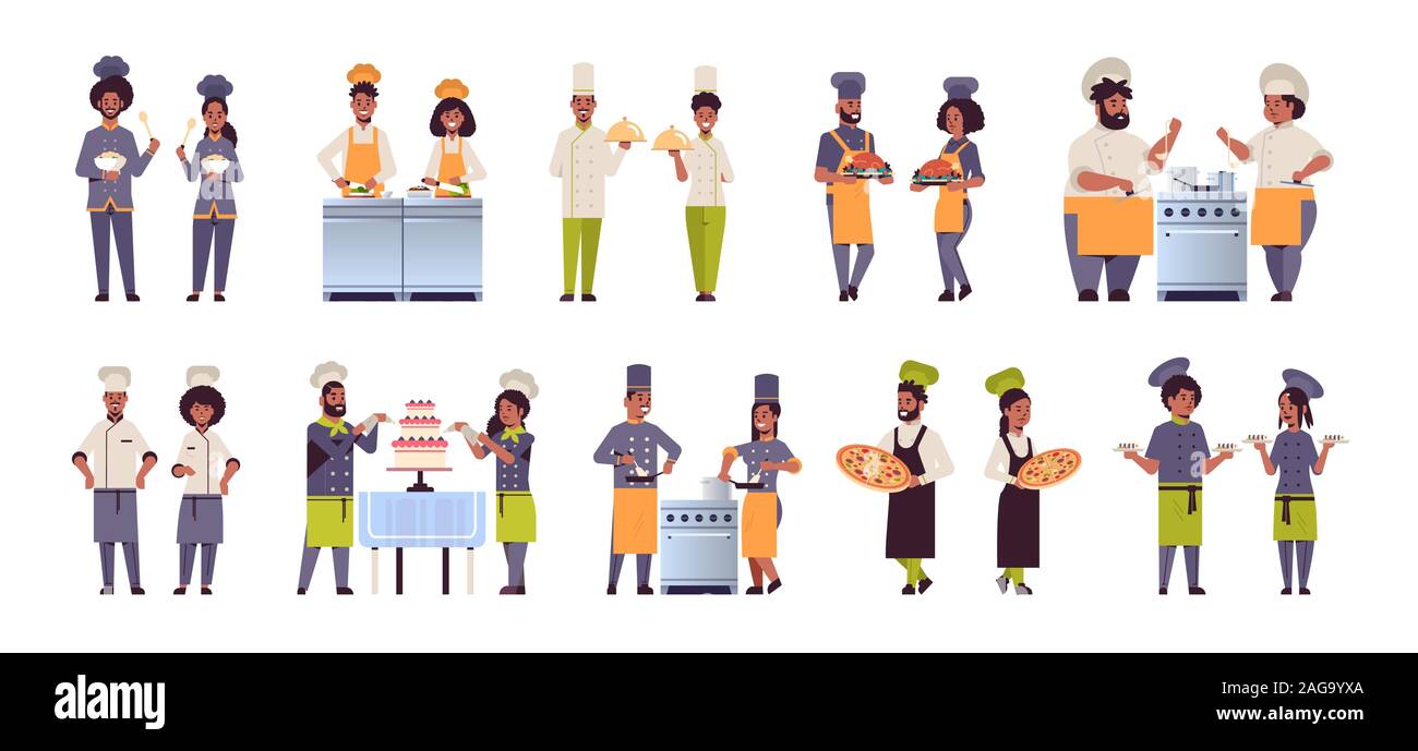 set different professional chefs couples standing together african ...