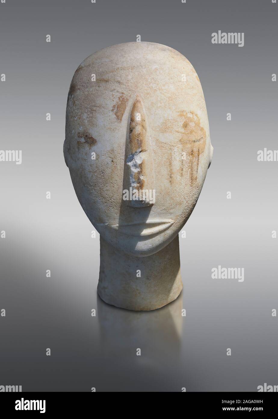 Head of a Cycladic statue with remnants of painted eyes and right cheek ...