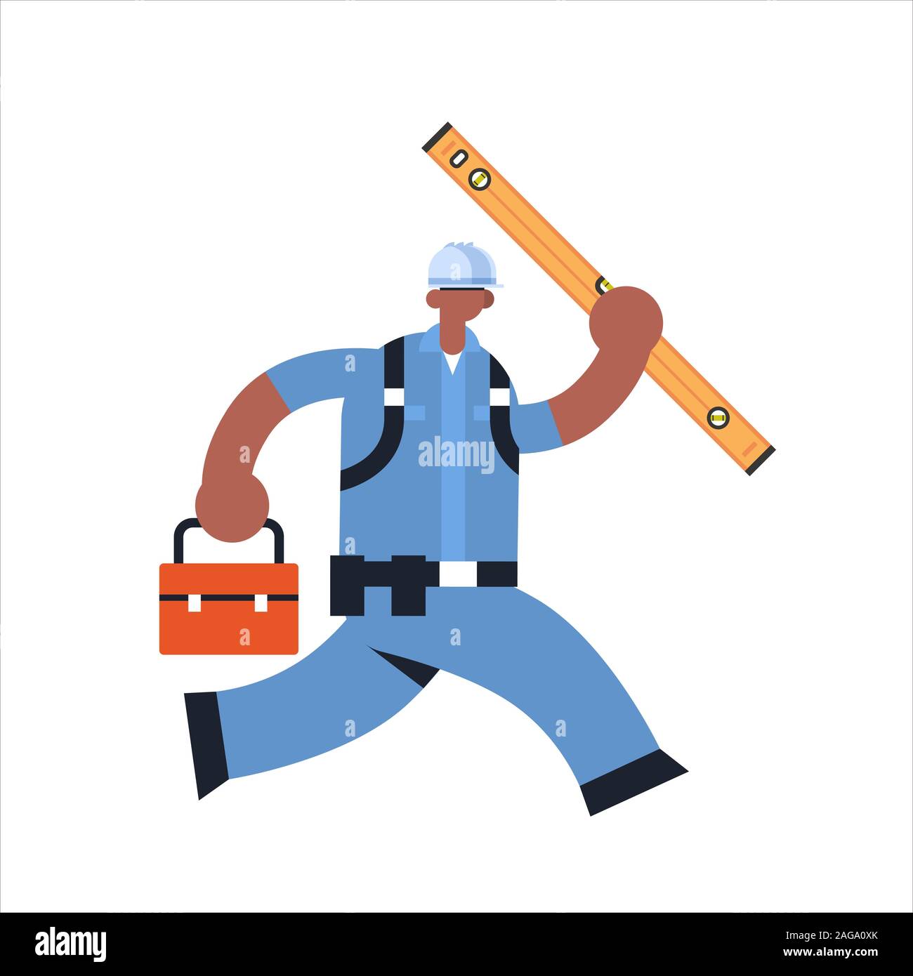 male builder carrying toolbox and carpenter level african american busy ...