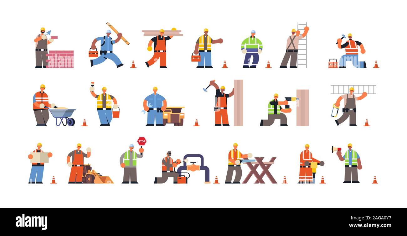 set male builders with professional equipment during different building ...