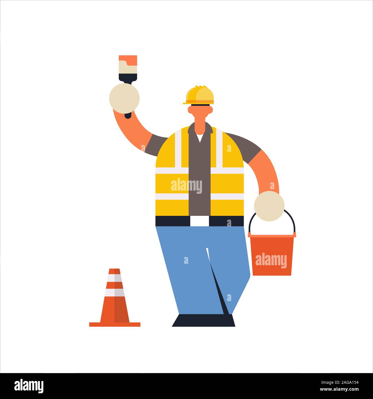 male builder painter holding paint brush and bucket busy workman ...