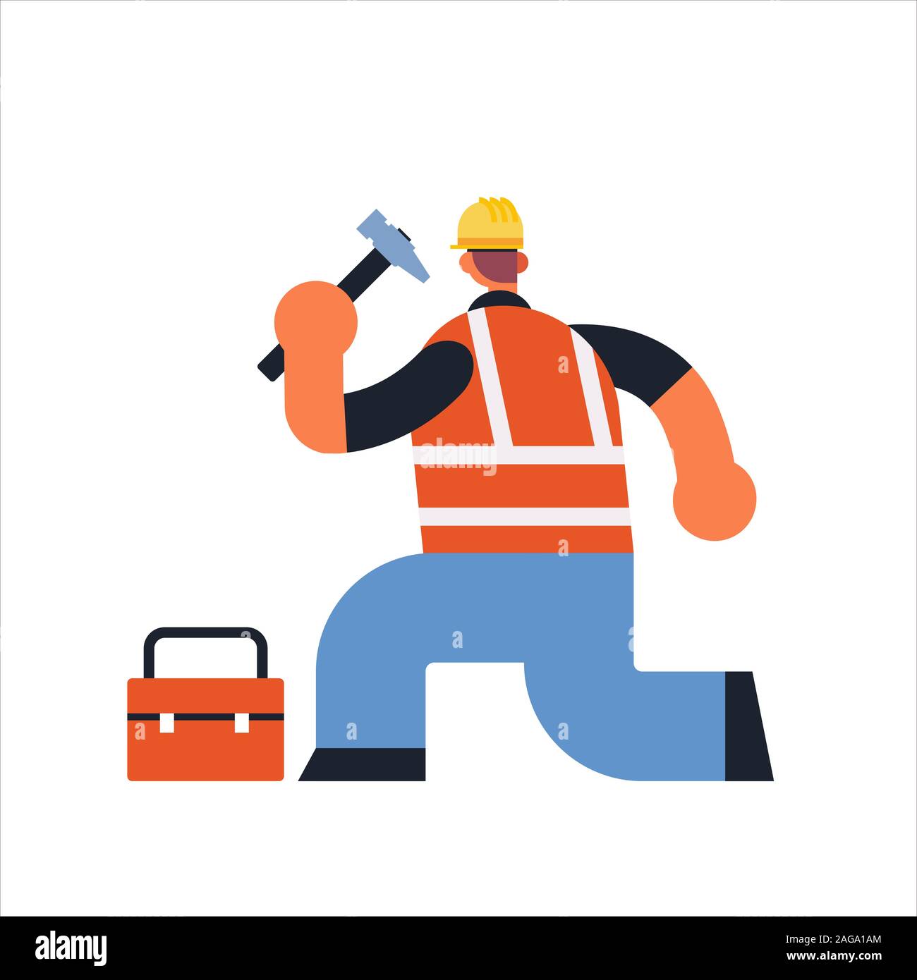 male builder using hammer and toolbox busy workman industrial ...