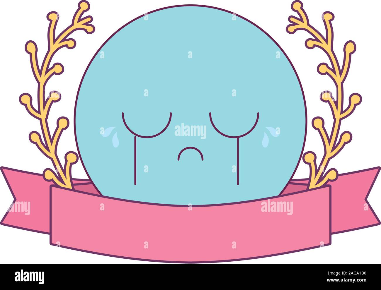 crying circle cartoon with leaves wreath design, Kawaii expression cute ...
