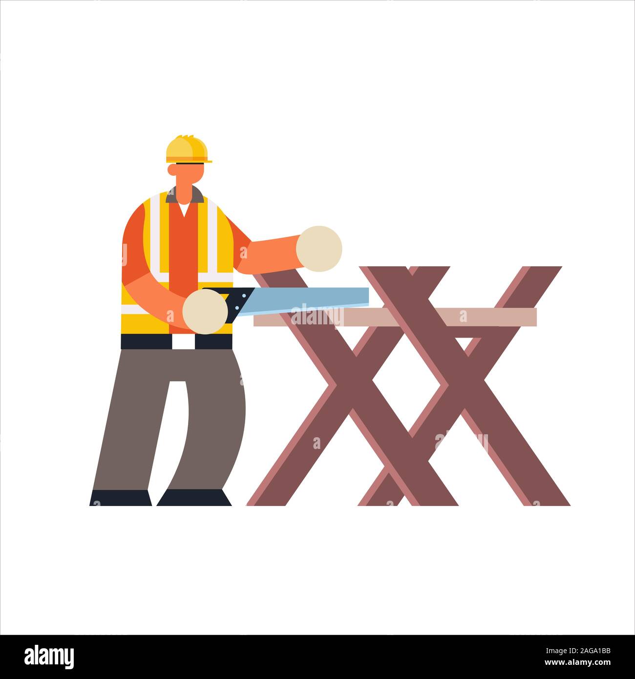 male builder using handsaw sawing log on sawbuck into lumber busy ...